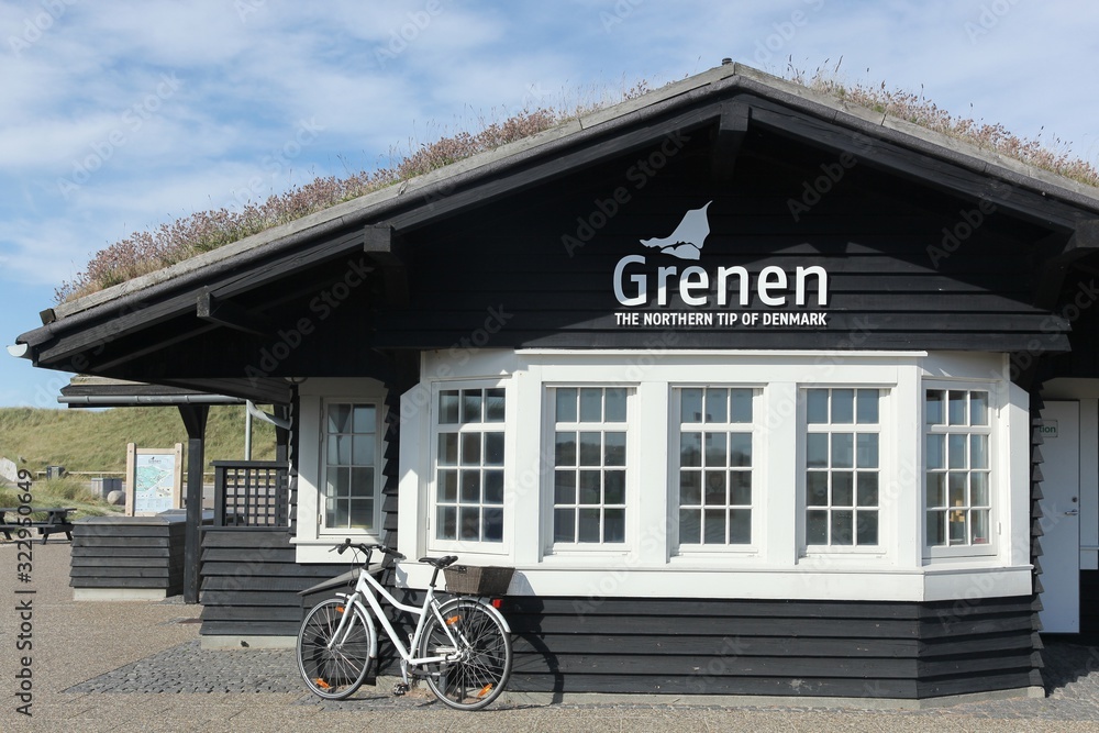 Sakgen, Denmark - September 7, 2015: Wooden house at the tip of Grenen ...