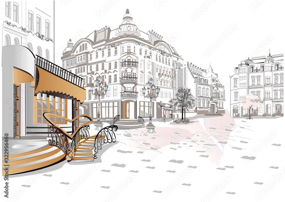 Series of backgrounds decorated with old town views and street cafes ...
