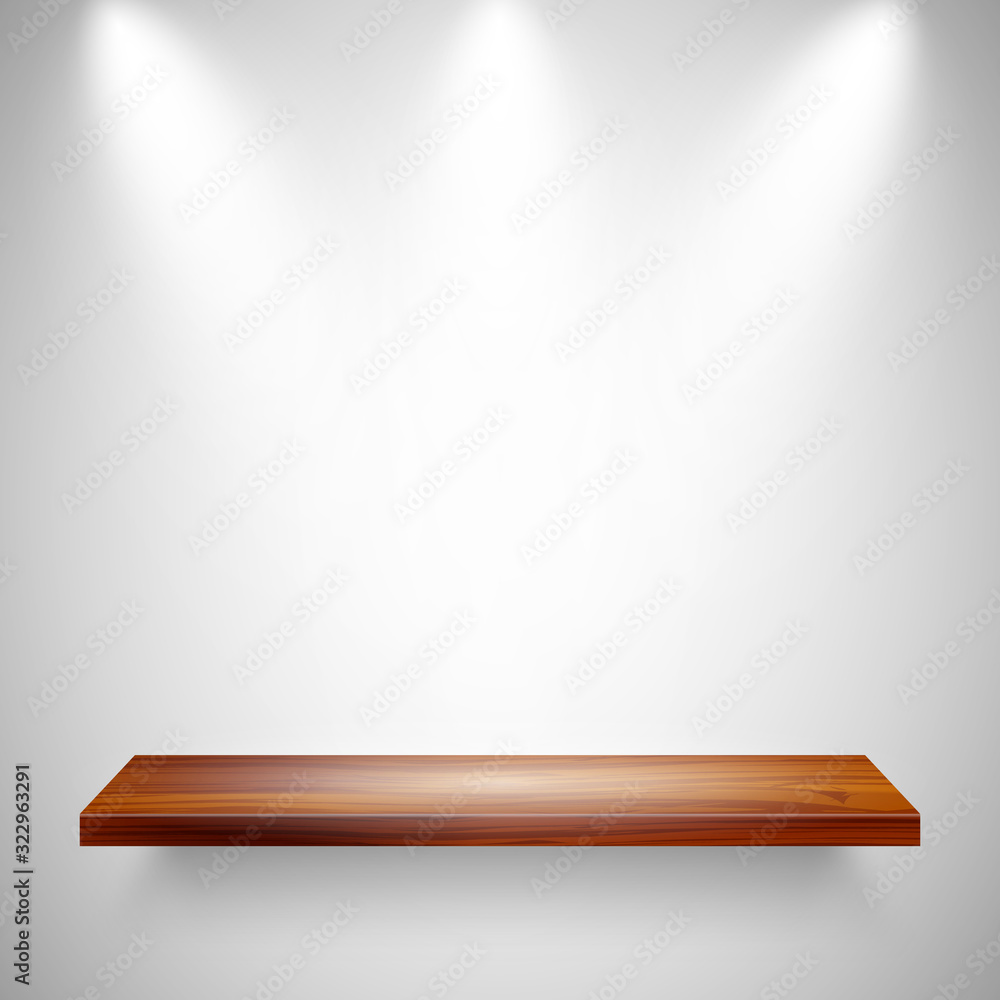 Illuminated realistic wooden wall shelf. Empty store rack. Studio ...