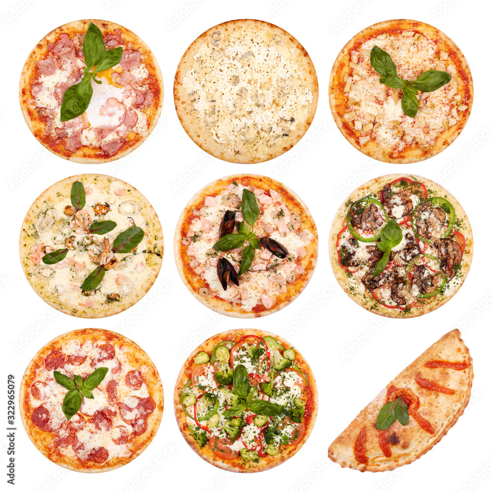 Big set of the best Italian pizzas isolated on white background. Pizza ...