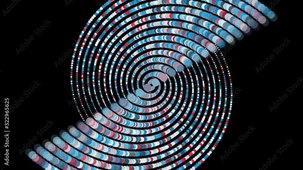 Abstract rows of small circles rotating fast and becoming giant 3D ...