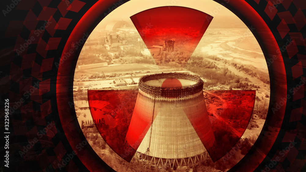 Symbol of radiation on background of cooling tower Stock Illustration ...