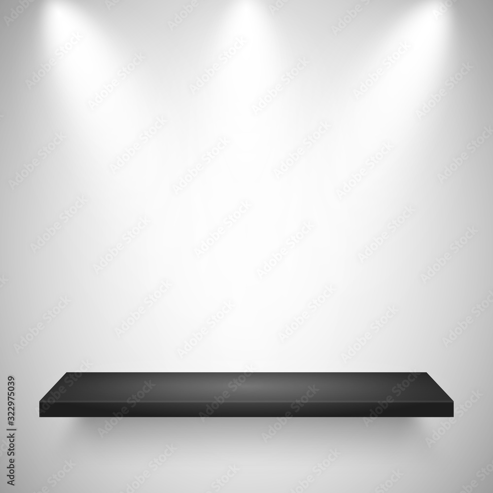 Illuminated realistic wall shelf. Empty store rack. Studio background ...