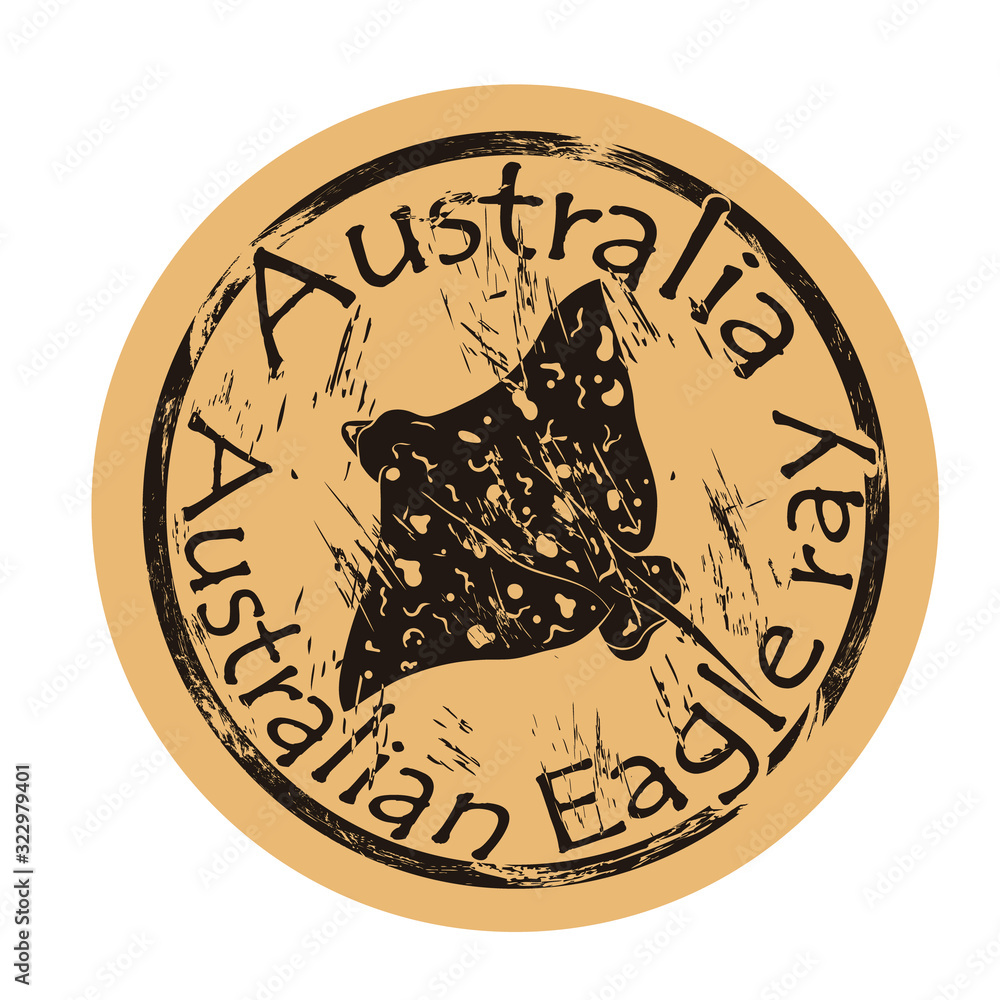 Australian Eagle ray in full growth vector silhouette icon round shabby ...