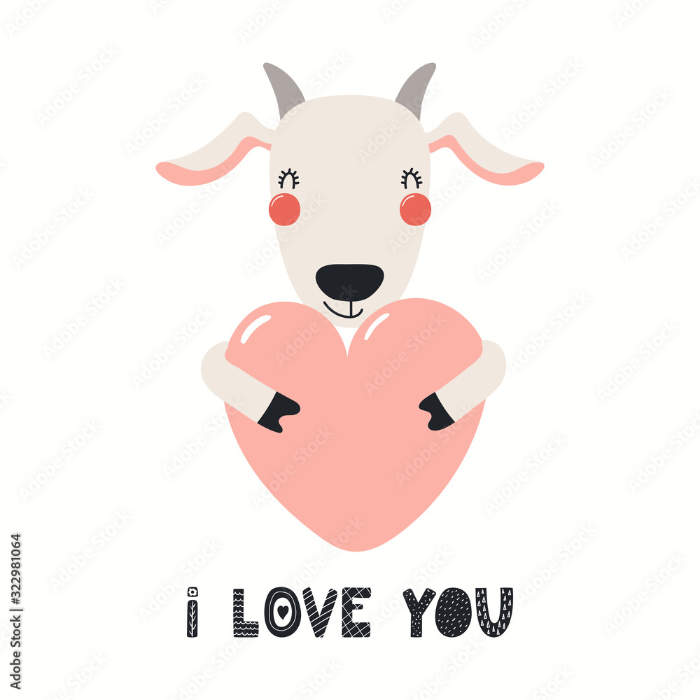 Hand drawn Valentines day card with cute goat with heart, quote I love ...