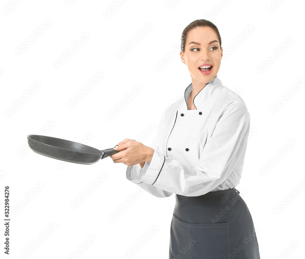 Beautiful female chef with frying pan on white background Stock Photo ...