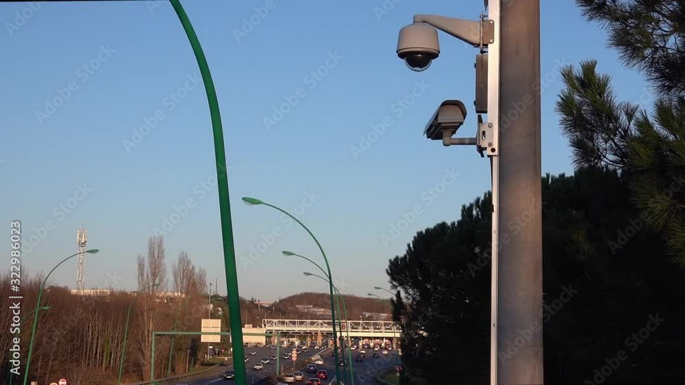 Road safety. Outdoor CCTV cameras are installed on a pole on the ...