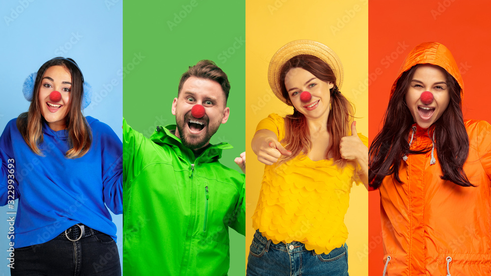 Collage of happy young people as a clowns celebrating red nose day ...
