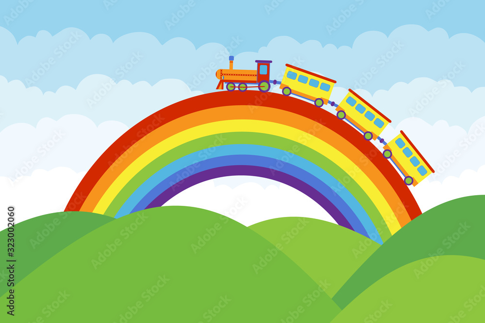 Children's train rides on a rainbow. Children's toy train rides on a ...