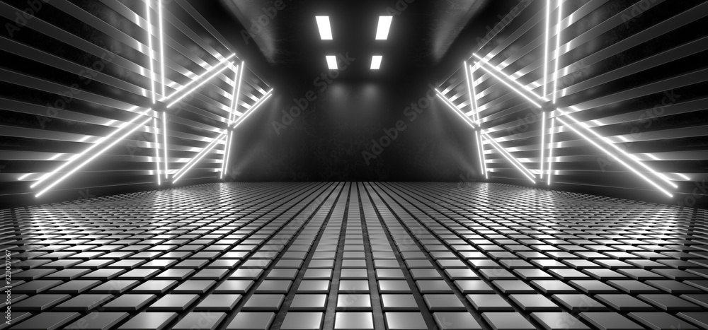 Beautiful composition of white neon lights on a black background. 3d ...