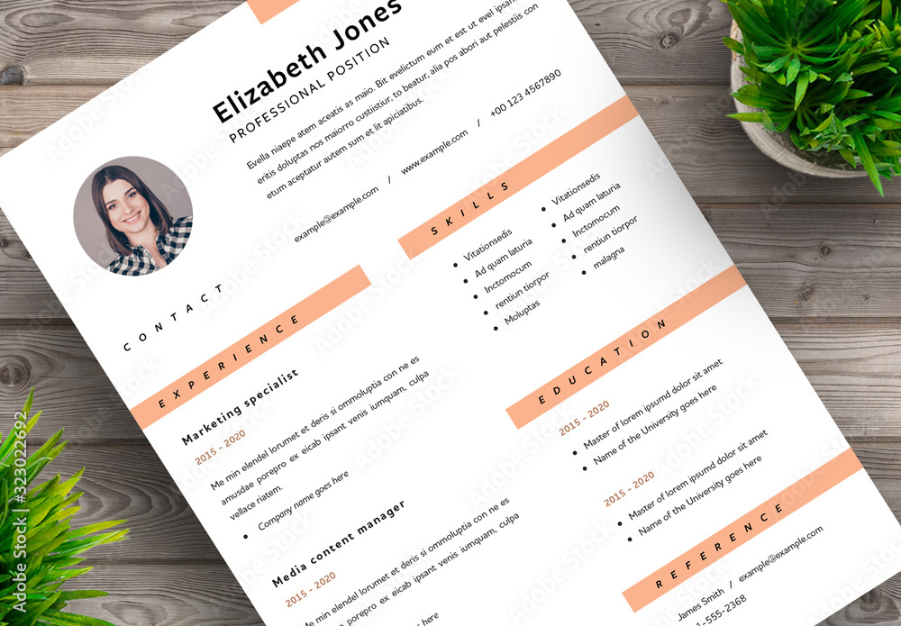 Modern Resume Layout with Peach Accent Stock Template | Adobe Stock