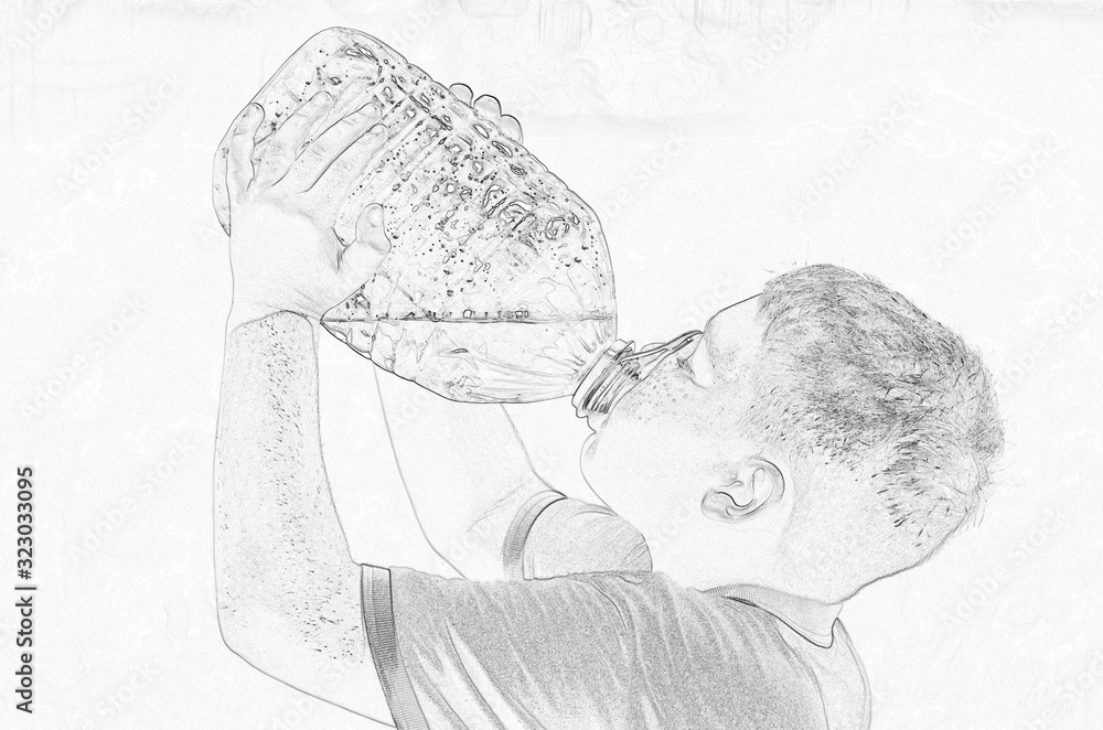 Extremely thirsty boy avidly drinks from a large bottle. A ...