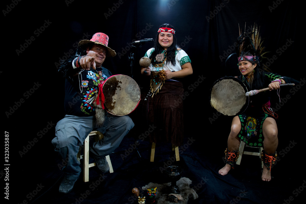 group of shaman Teotihuacanos, Xicalanca - Toltec in black background ...