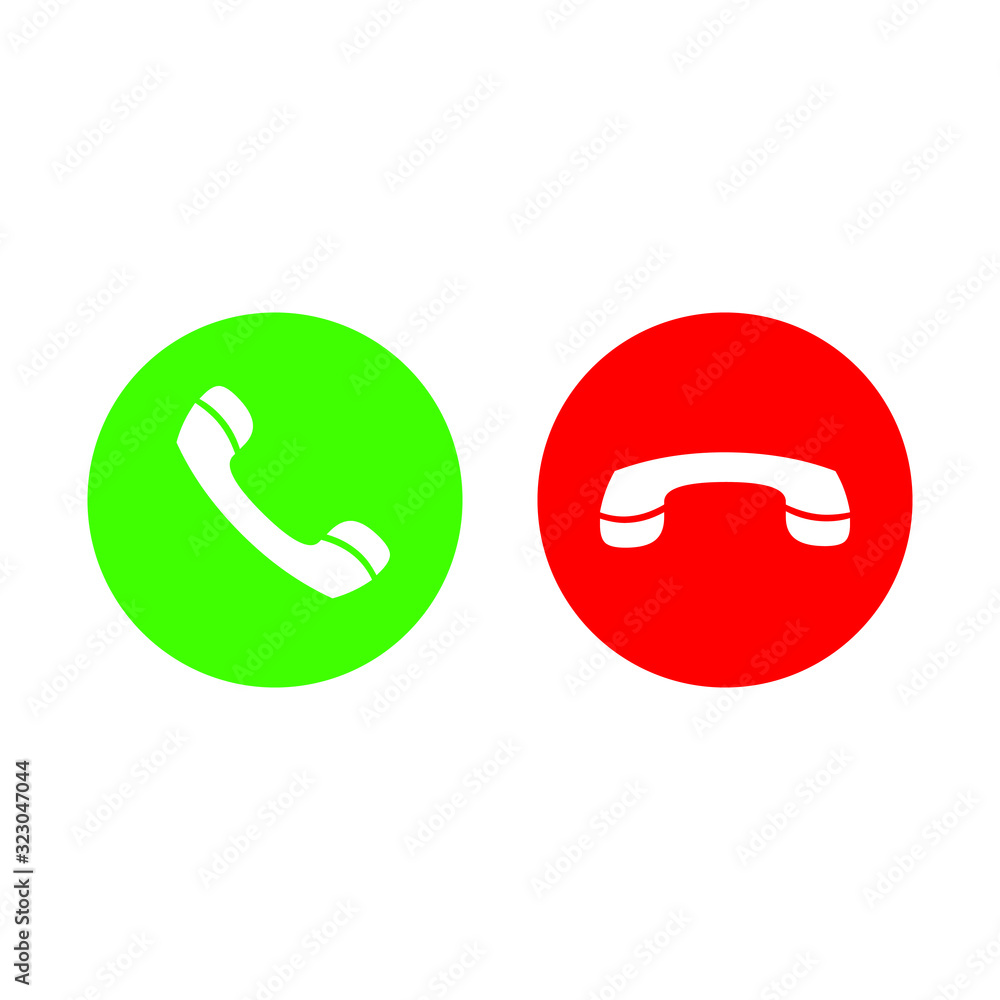 Accept call and decline phone icons. Green and red buttons with handset ...