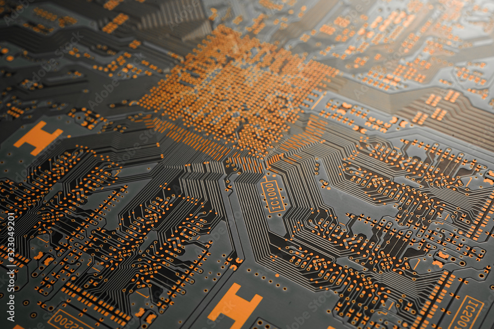 A close-up of black blank Printed circuit board (PCB) with no component ...