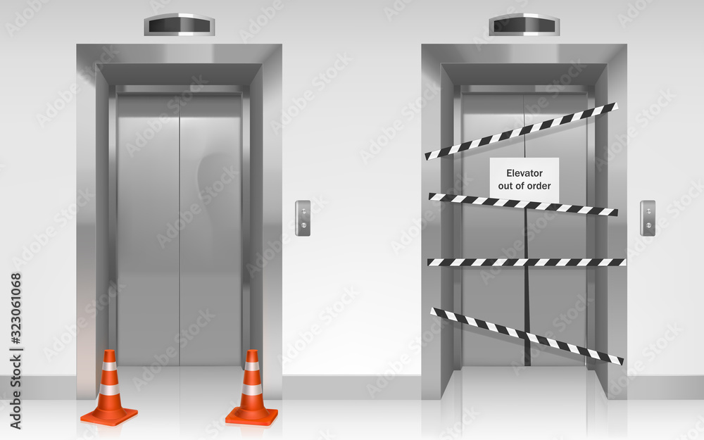 Out of order elevator with closed broken door, warning stripes and ...
