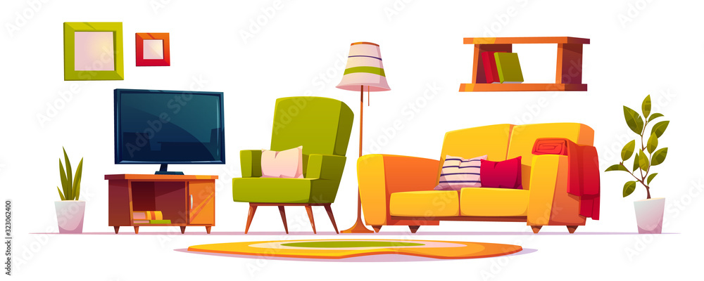 Living room interior set with sofa, armchair, bookshelves and tv ...