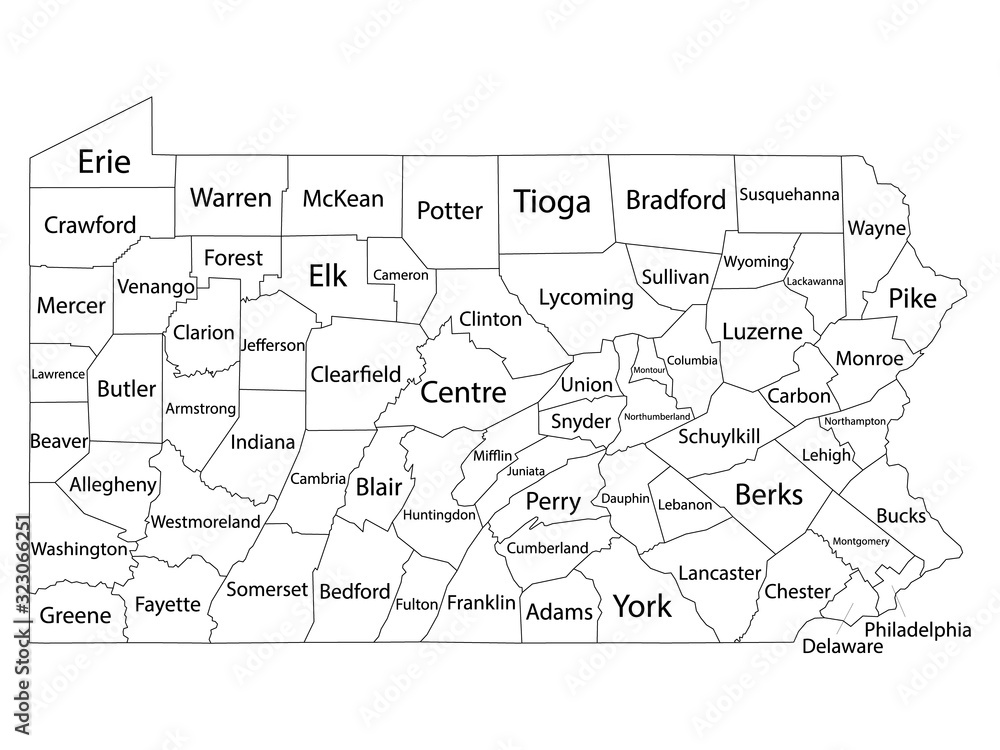 White Outline Counties Map With Counties Names of US State of ...