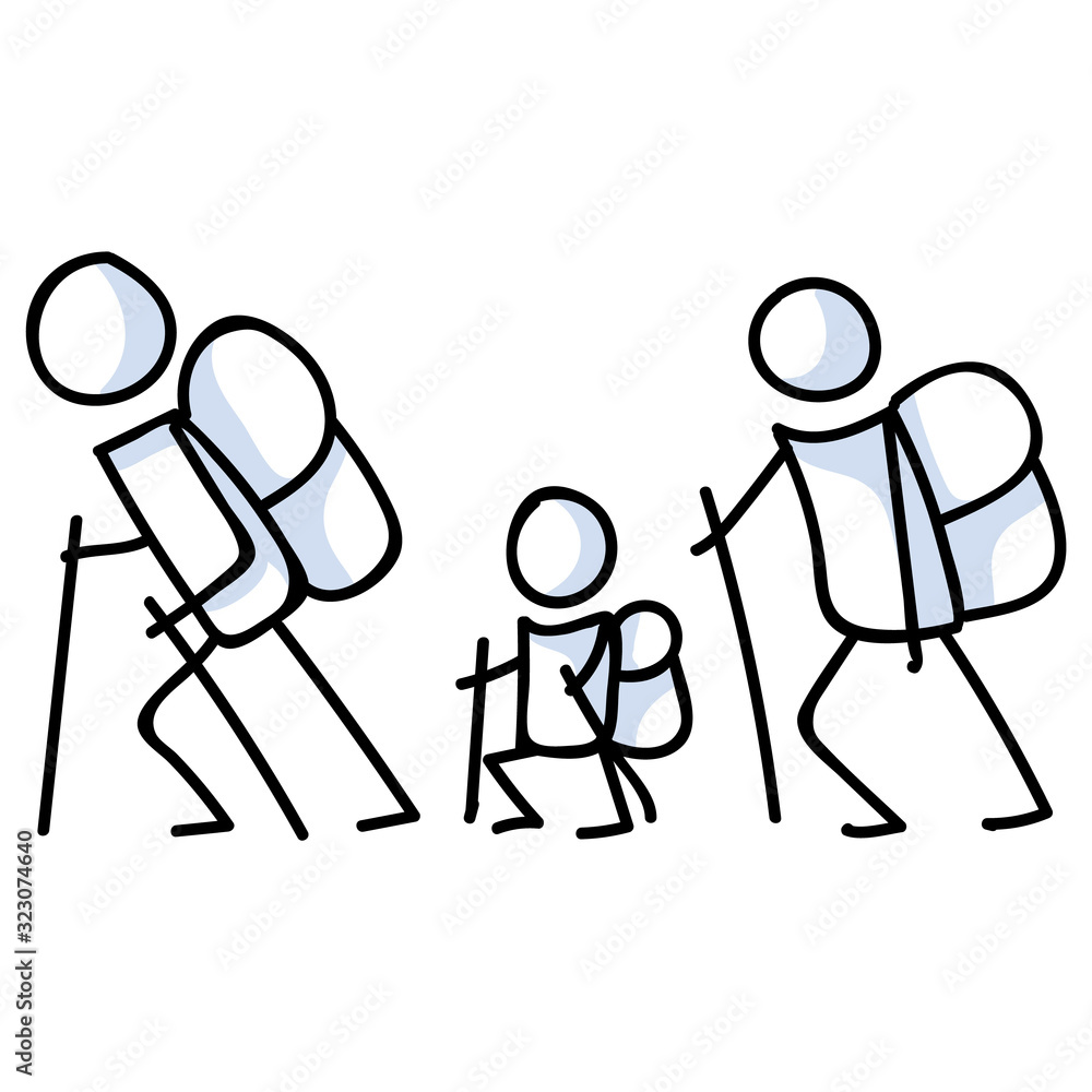 Hiking stick figure line art icon. Carrying backpack, track pole and ...
