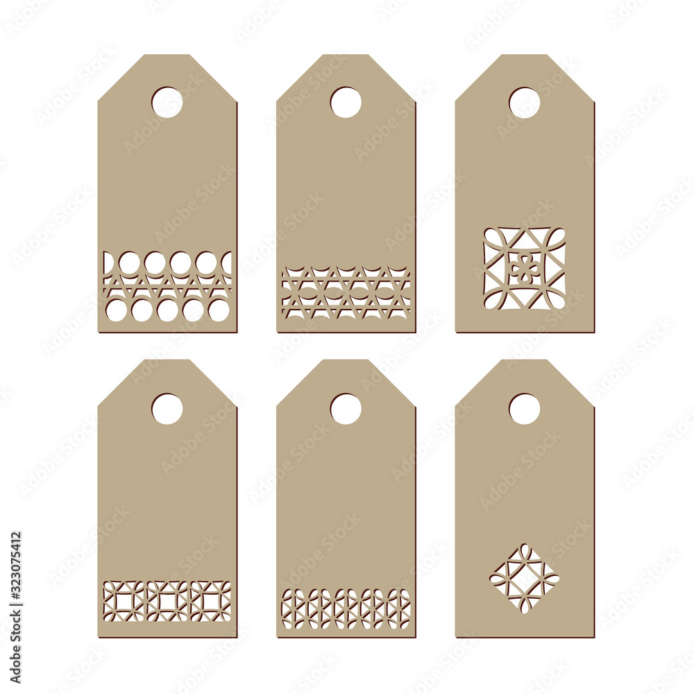 Set stencil labels with a carved openwork pattern on a white background ...