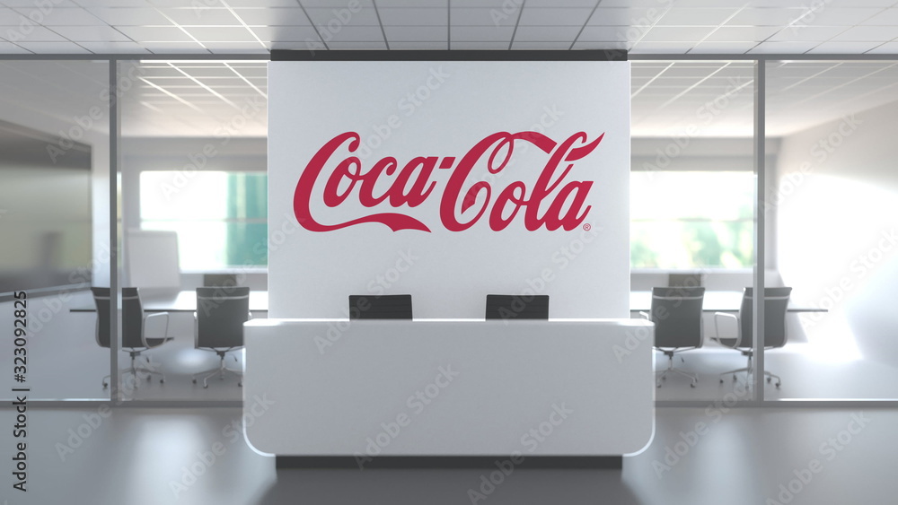 Logo of COCA-COLA on a wall in the modern office, editorial conceptual ...