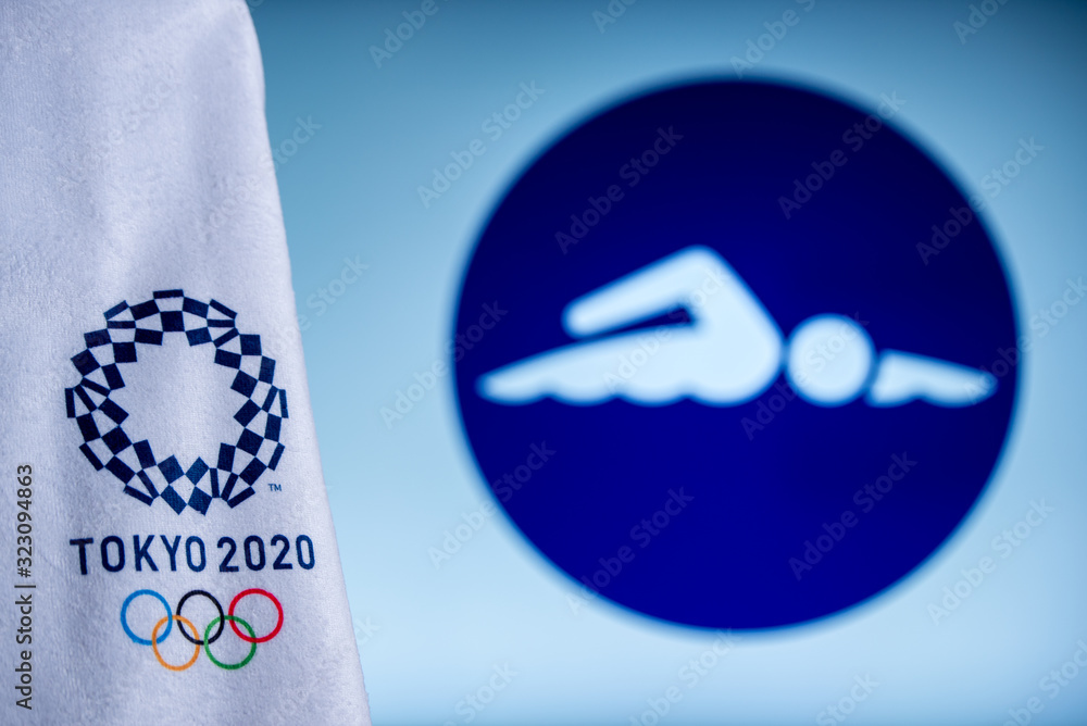 TOKYO, JAPAN, FEBRUARY. 14. 2020: Swimming icon for summer olympic game ...