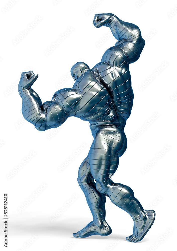 man made of steel doing a bodybuilder pose number six in a white ...