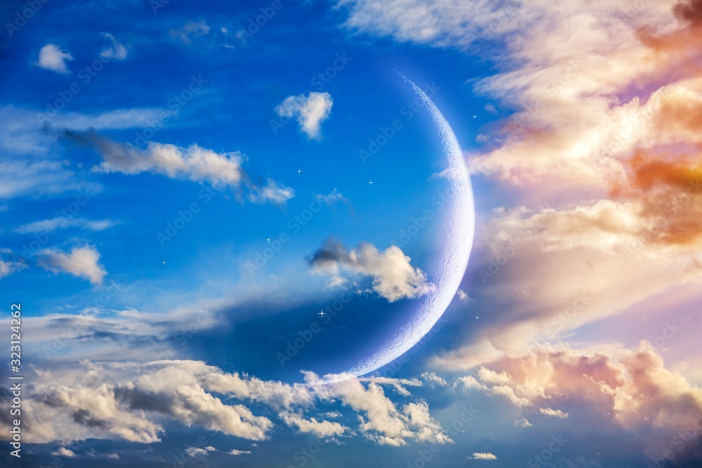 Night sky, moon and stars. cloudy landscape. new moon . Star sky with ...