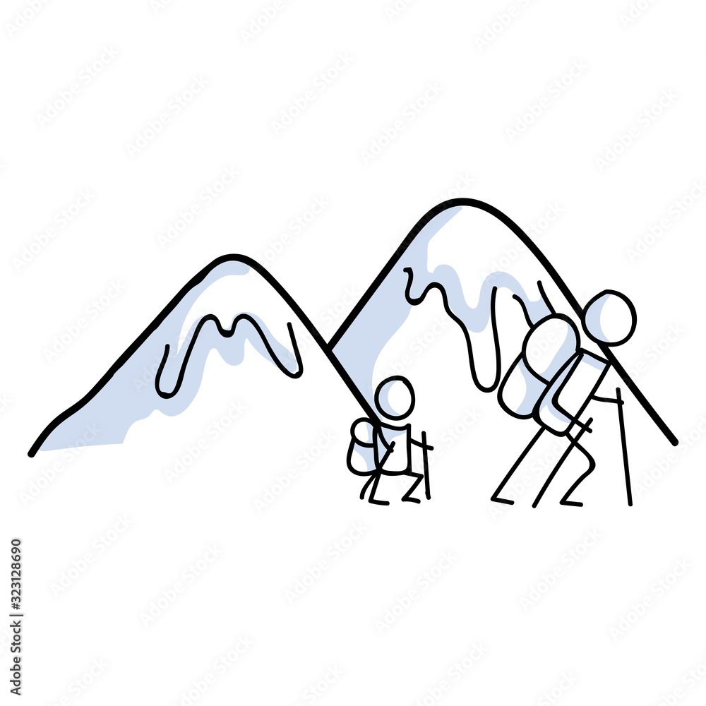 Hiking stick figure line art icon. Carrying backpack, track pole and ...