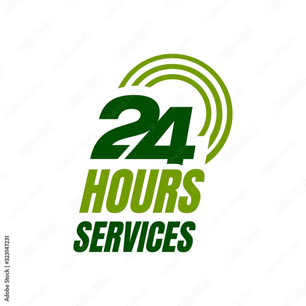 24 hour service logo vector icon. Standby 24/7 sign day/night services ...