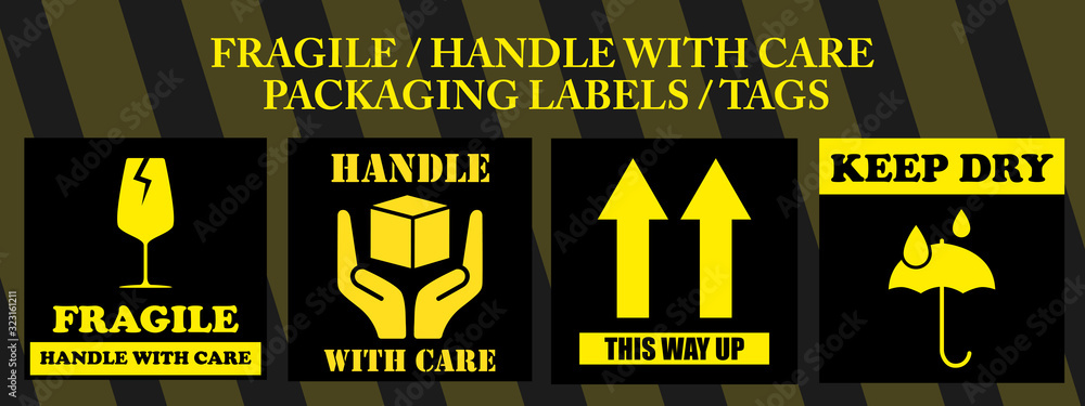 Vetor de Fragile or Package Label stickers set. (Fragile, Handle with ...
