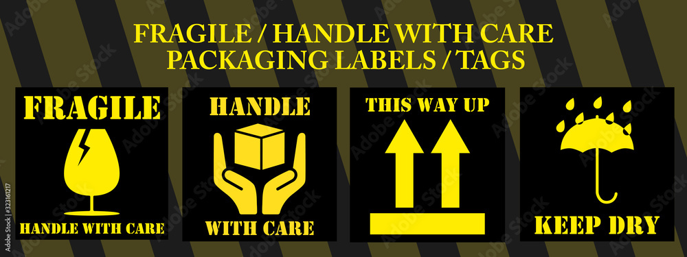 Fragile or Package Label stickers set. (Fragile, Handle with Care, This ...