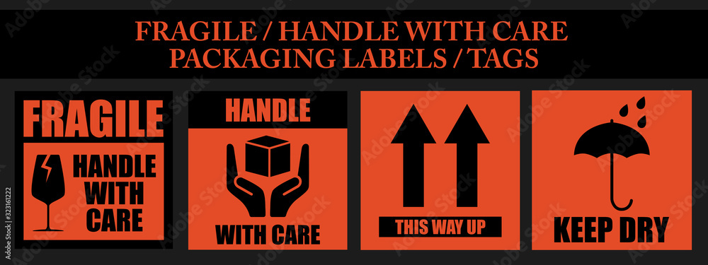 Fragile or Package Label stickers set. (Fragile, Handle with Care, This ...