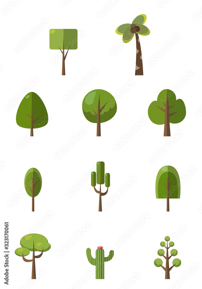 Tree collection 2, Cartoon tree. Simple flat forest flora, coniferous ...