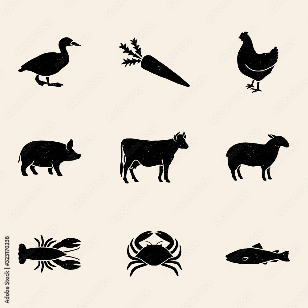 Set of 9 meal choice option icons with vintage texture. The set ...