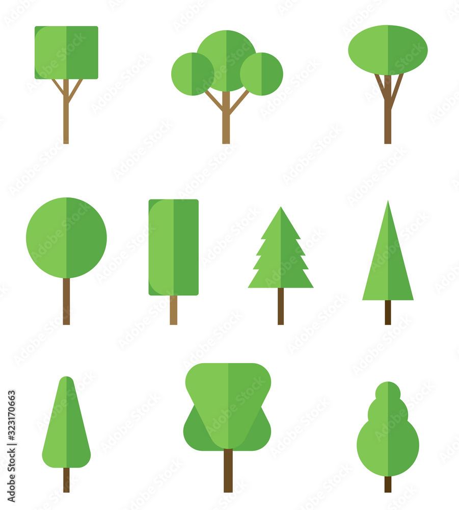 Tree collection, Cartoon tree. Simple flat forest flora, Vector set ...
