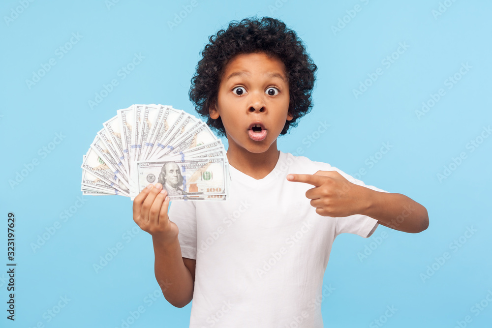Wow, I'm rich! Amazed lucky wealthy little boy with curly hair pointing ...