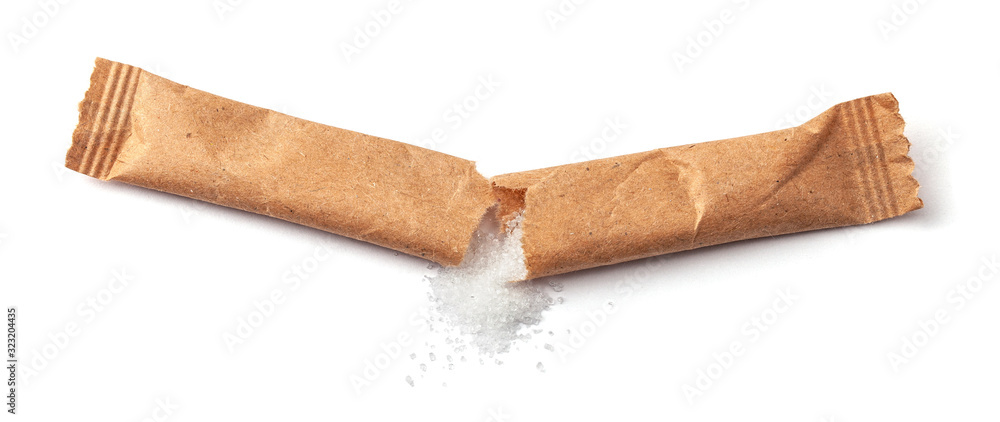 Sugar stick torn in half. Sugar in paper kraft packaging. Mock up for ...