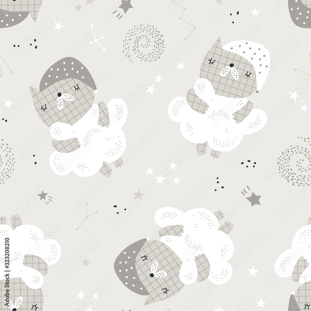 Vecteur Stock Childish seamless pattern with cats on clouds and starry ...
