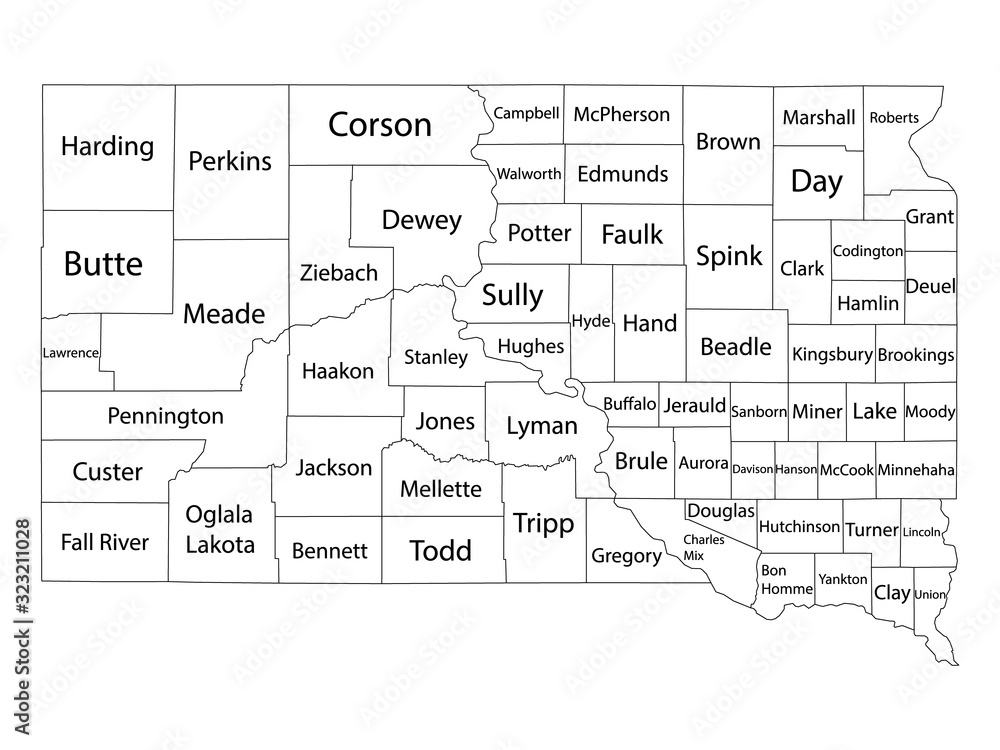 White Outline Counties Map With Counties Names of US State of South ...