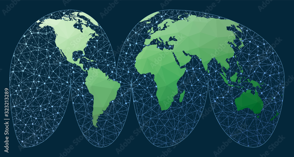 Global network. Interrupted Mollweide projection. Green low poly world ...