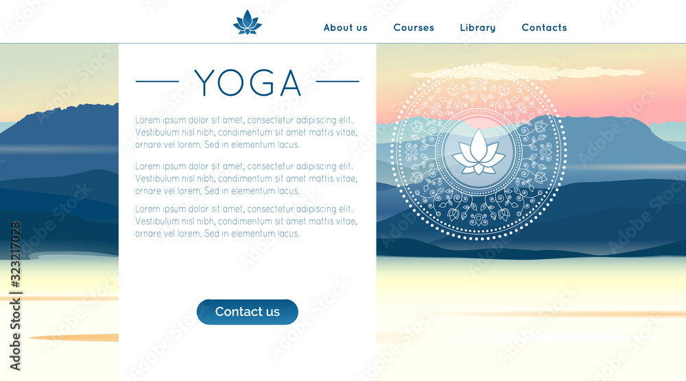 Vector yoga illustration with mountains landscape, ethnic pattern and ...