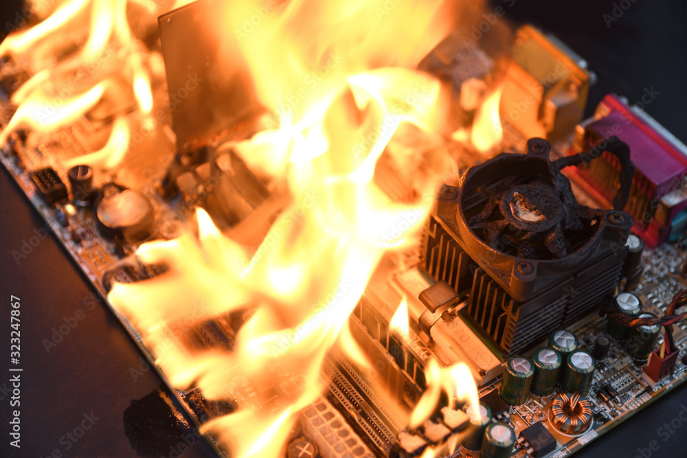 Fire Burning ,blazing computer motherboard, cpu,gpu and video card ...