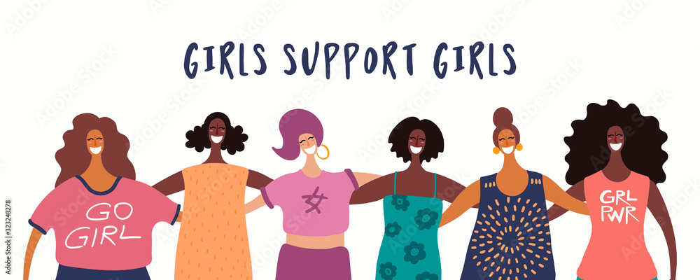 Hand drawn vector illustration of diverse modern girls together, with ...
