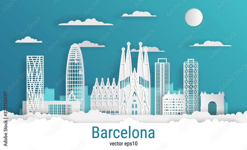 Paper cut style Barcelona city, white color paper, vector stock ...