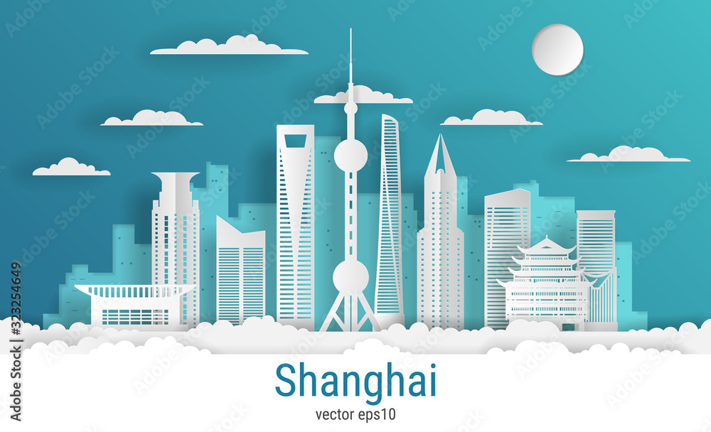 Paper cut style Shanghai city, white color paper, vector stock ...