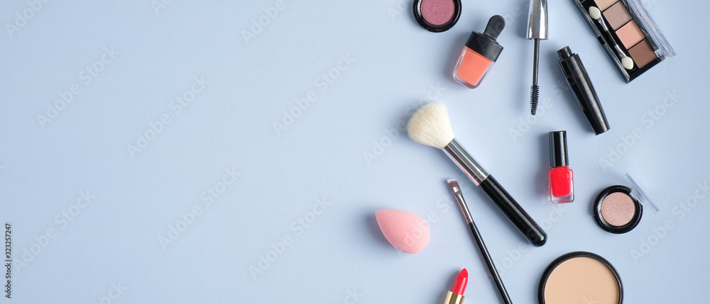 Beauty salon banner design template. Makeup cosmetic products on blue ...