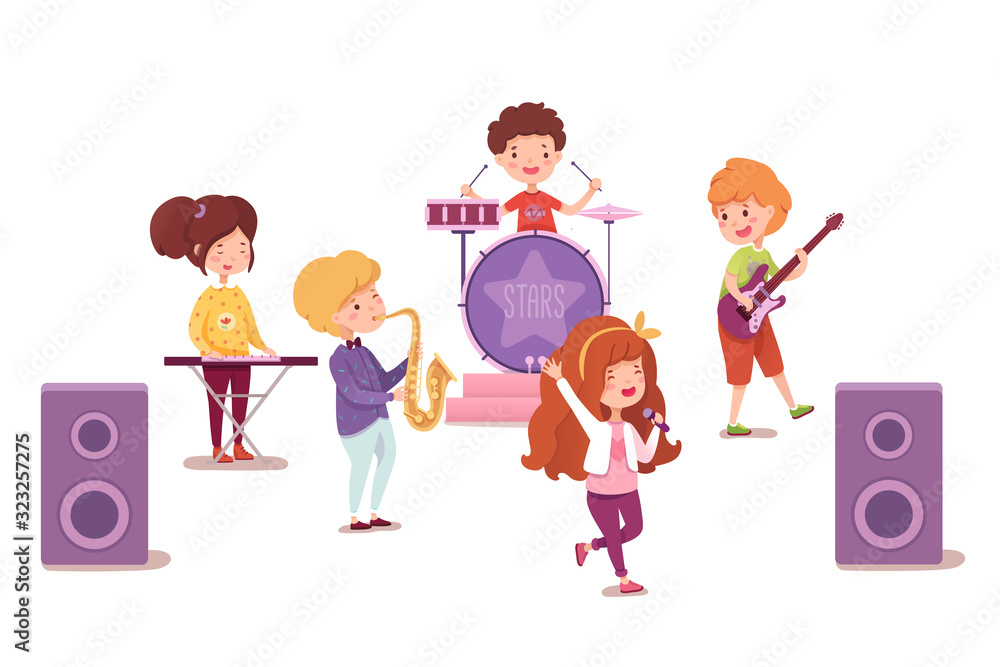 Pop rock band flat vector illustration. Young musicians, performers ...