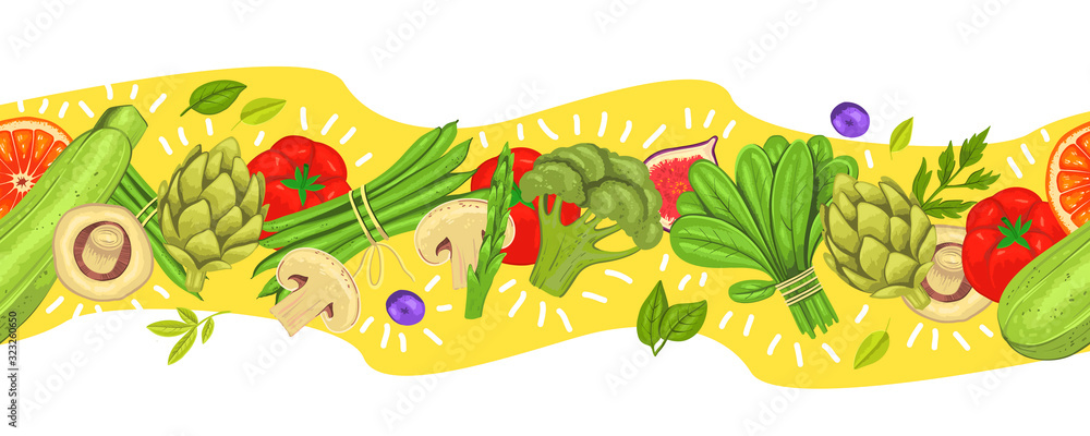 Stock horizontal seamless pattern. Realistic fruit and vegetables on ...