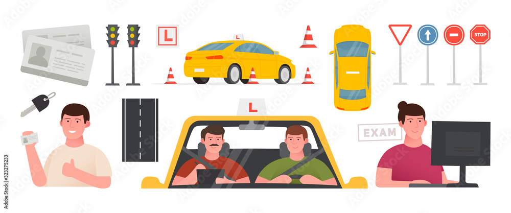 Driving school set illustration. Training car, road safety signs ...